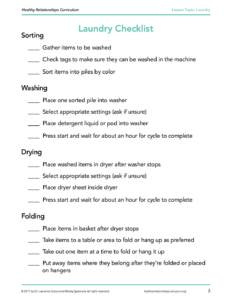Laundry Checklist - Healthy Relationships Curriculum
